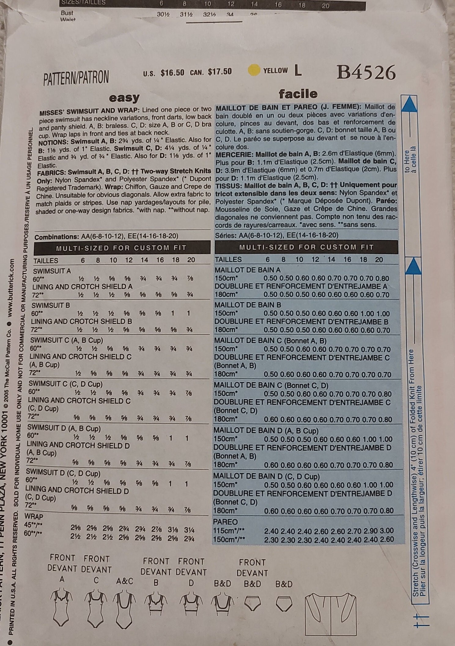 Uncut, Misses Size 6-12, Sewing Pattern, Butterick 4526, Swimsuit ...