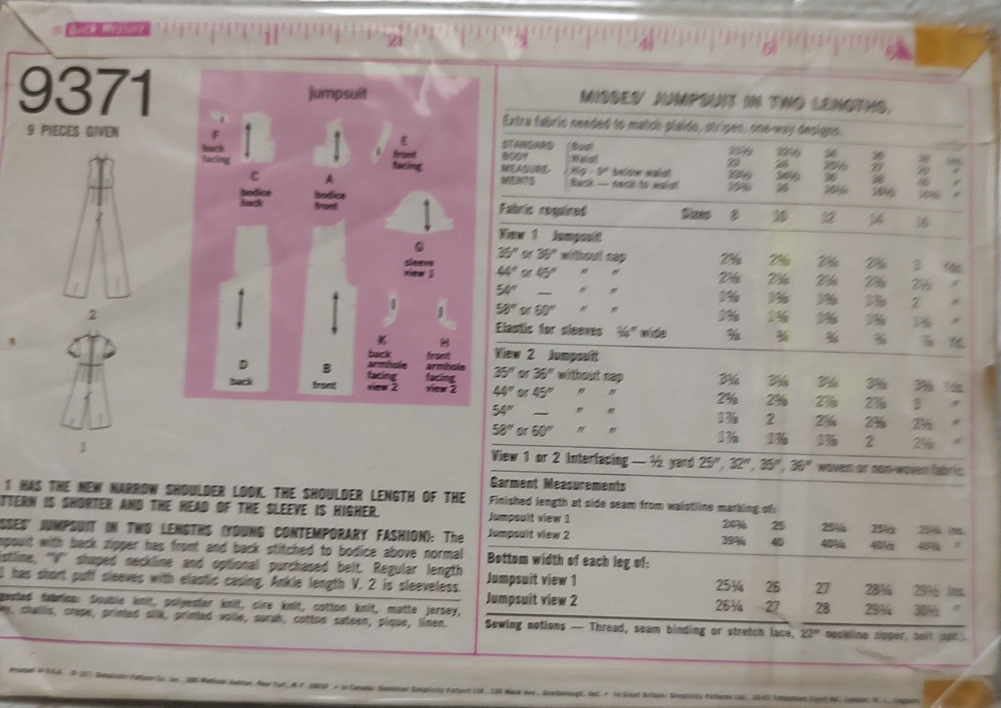 Uncut Misses Size 12, Vintage Sewing Pattern, Simplicity 9371, Jumpsuit ...