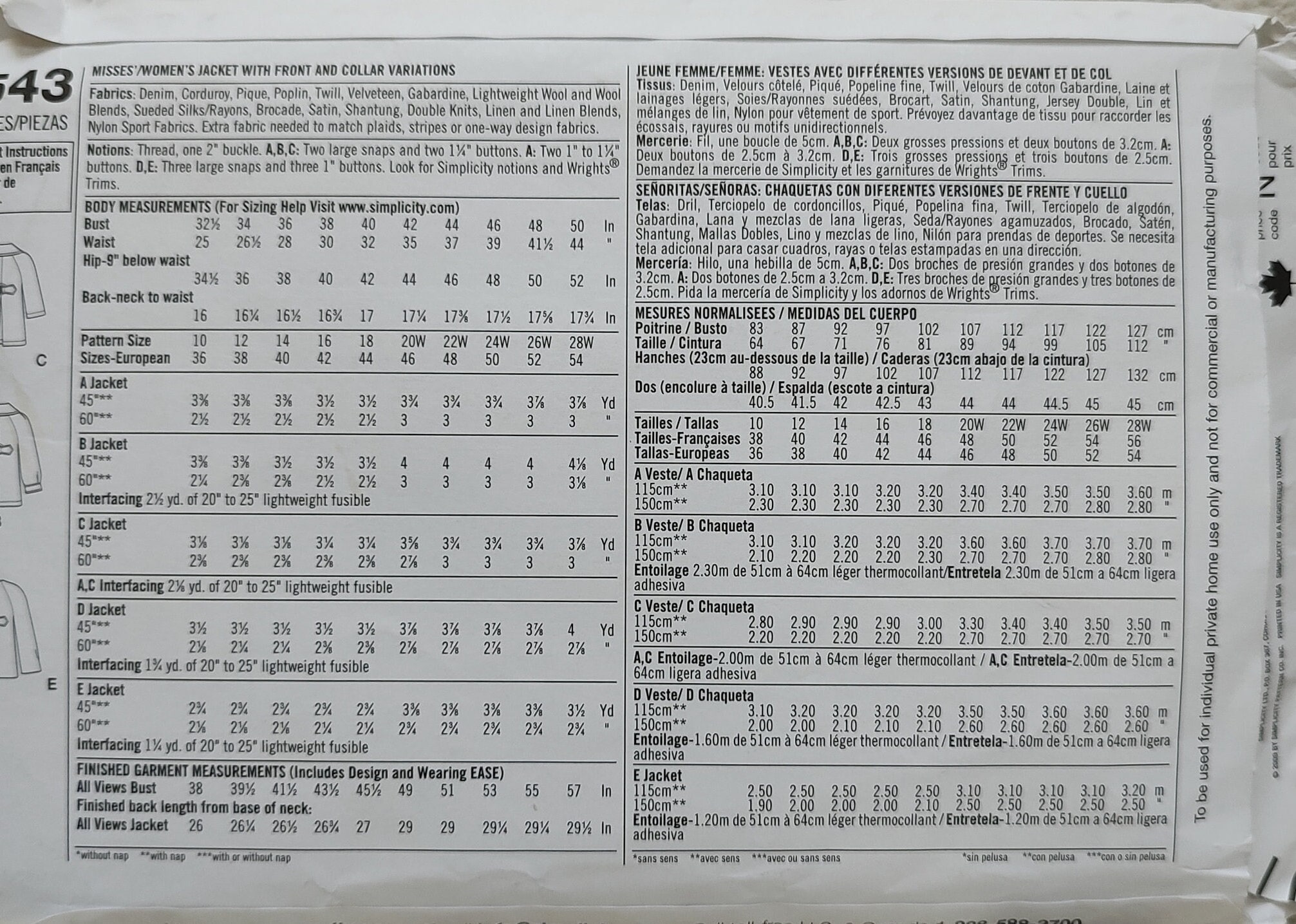 Uncut Misses Size 20-28, Sewing Pattern Simplicity 2543, Jacket, Coat ...