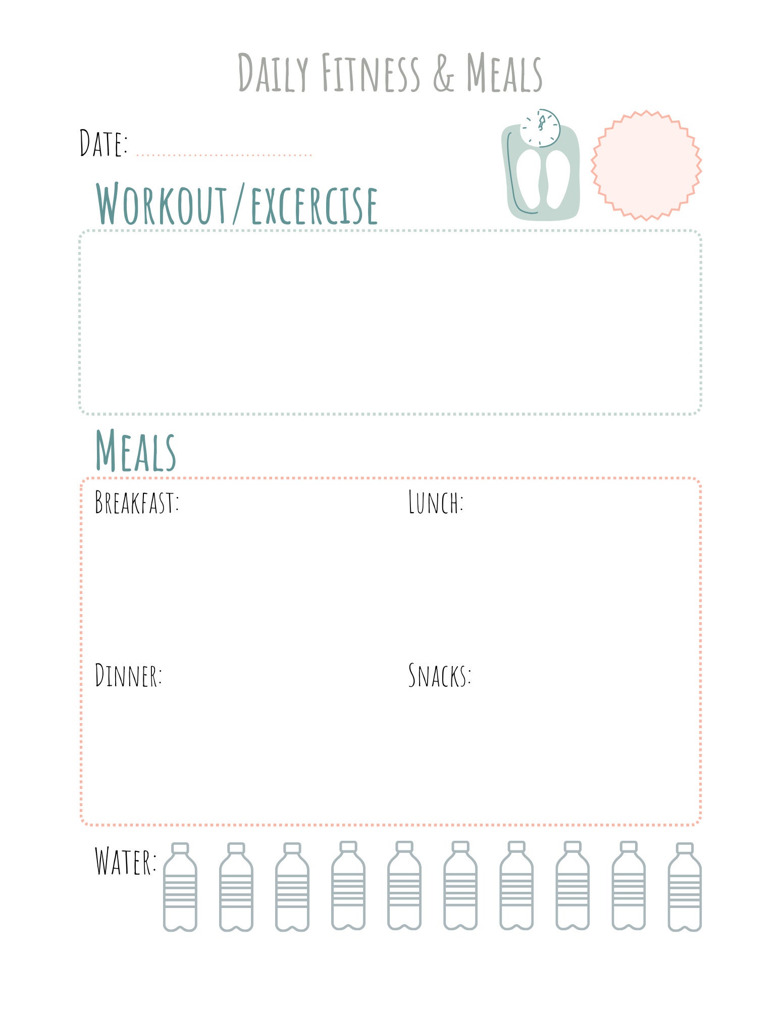 Fitness Journal Printable | Daily Workout, Meal, Water & Weight Tracker ...