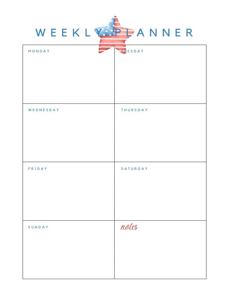 PRINTABLE July Weekly Calendar, Simple Weekly Desktop Notes, Instant ...
