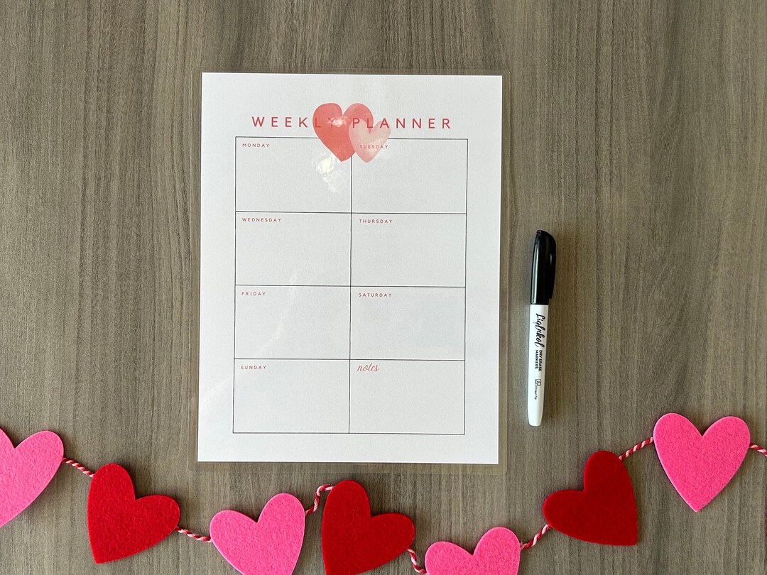REUSABLE Valentines Weekly Calendar, Simple Weekly Desktop Notes - Etsy