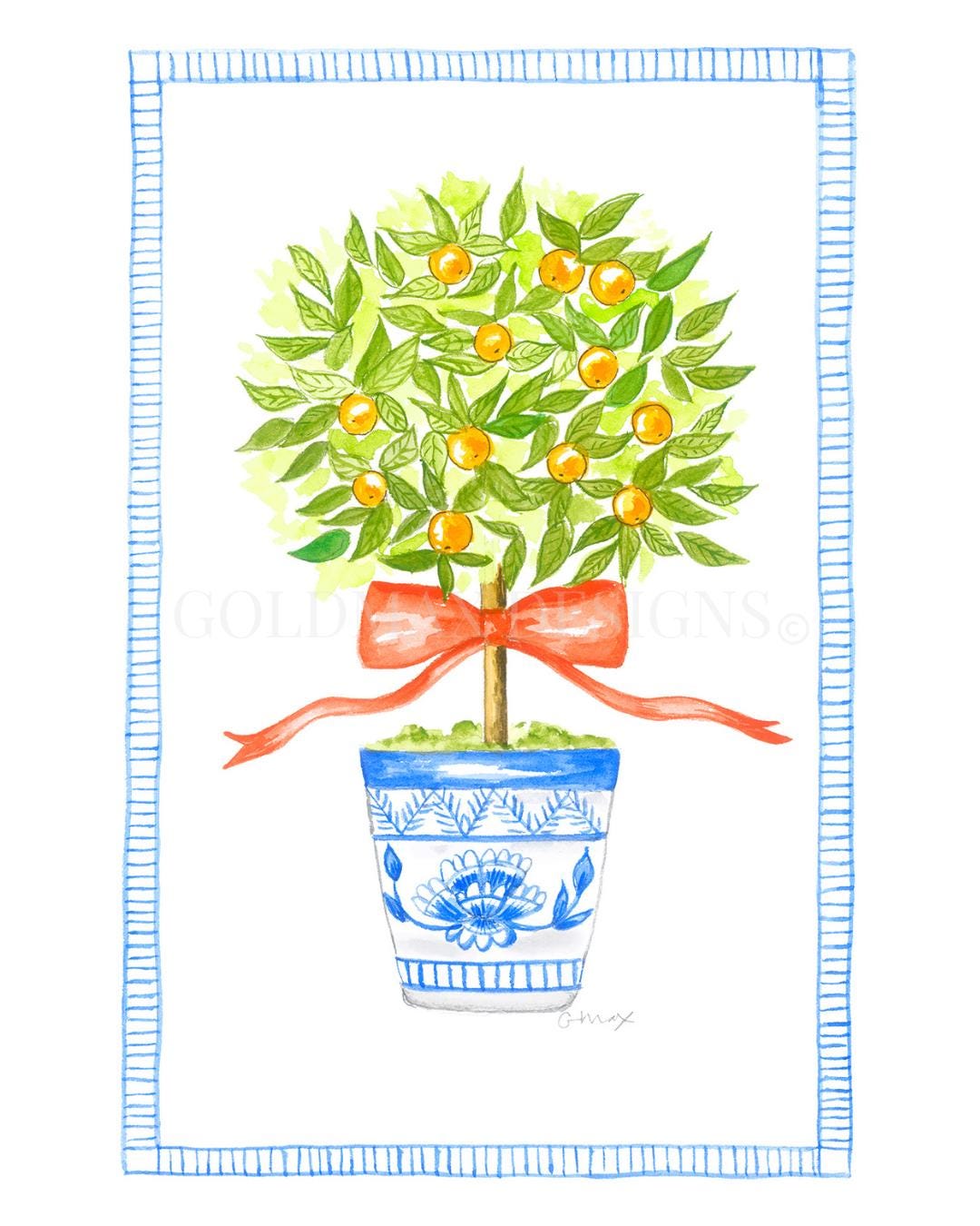 Citrus Topiary Watercolor Print | Potted Orange Tree With Bow | Orange ...