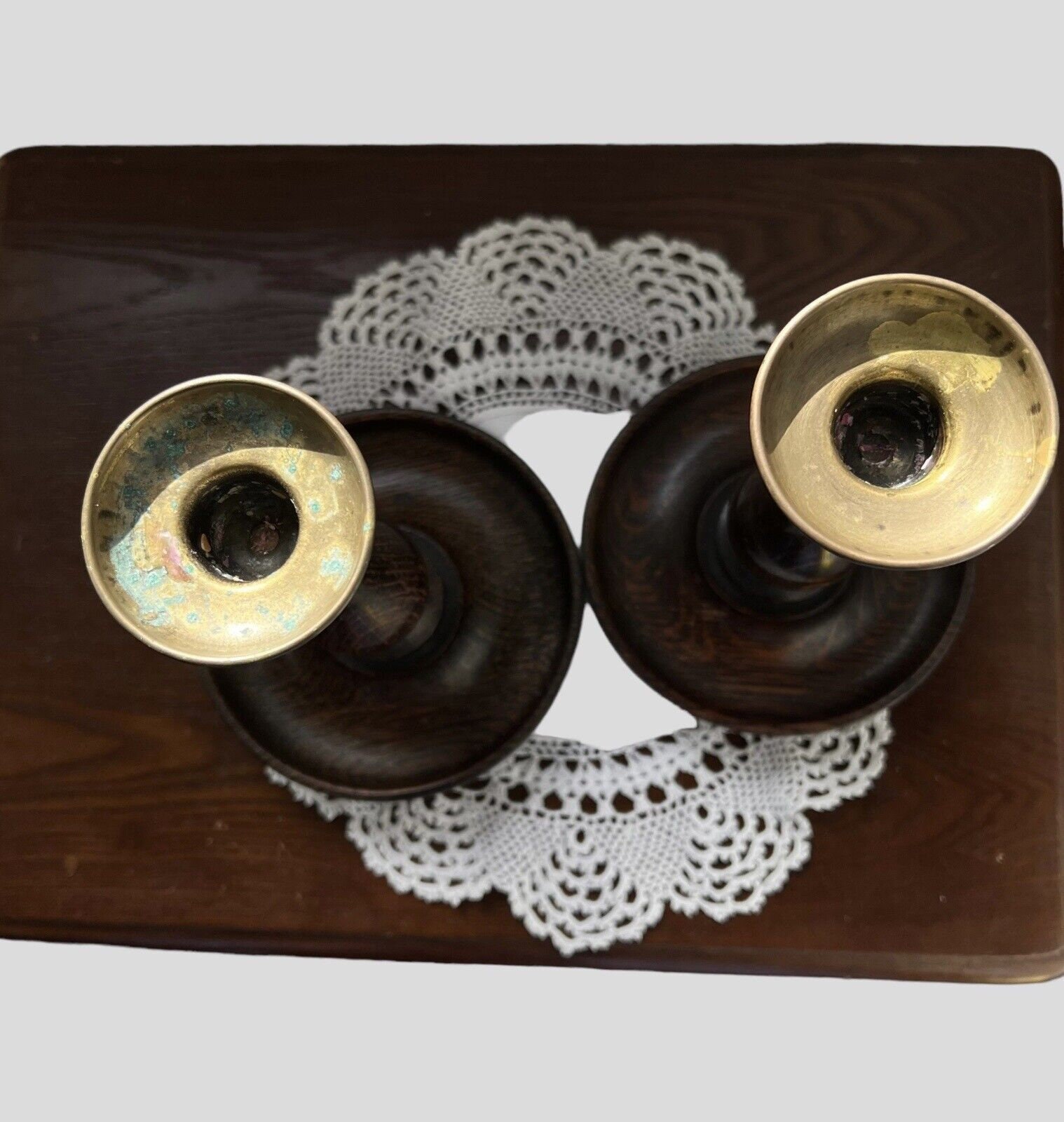 2 Antique Wooden Baluster Candlesticks With Brass Sconce USED VGC ...