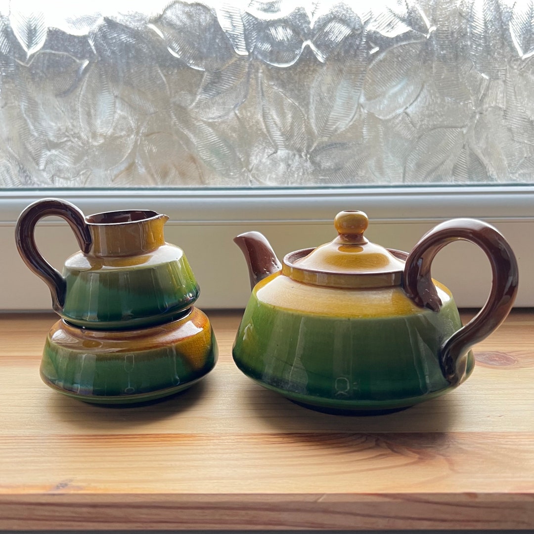 Watcombe Pottery Tea Set Teapot Sugar Bowl Creamer Green and Yellow ...