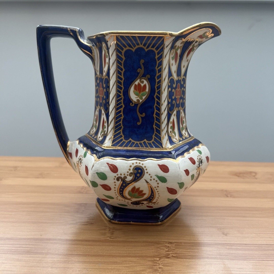 Large Royal Winton Ivory Ware Pitcher Water Jug Cobalt Blue, Gilding 6. ...