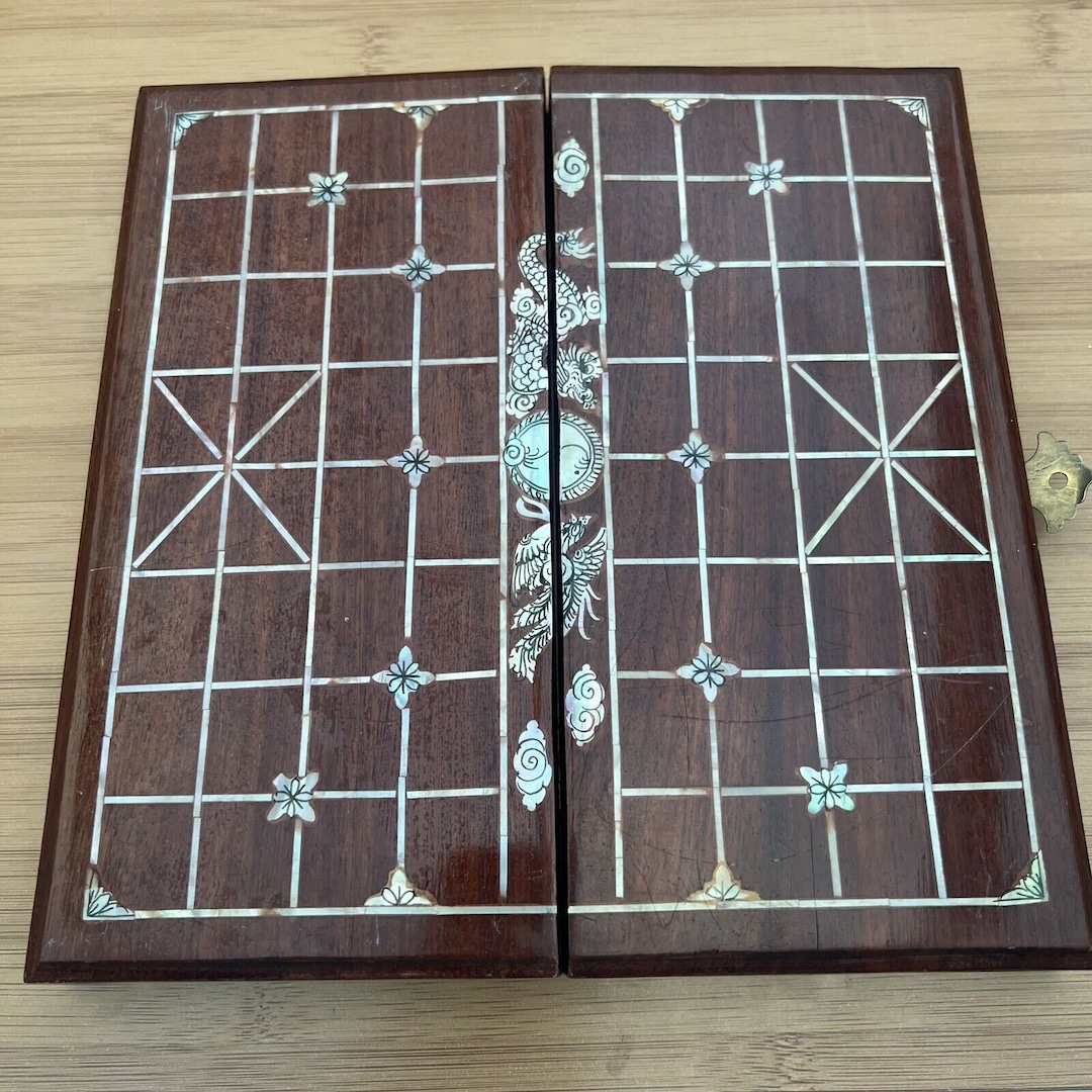Vintage Chinese Xiangqi Chess Wooden Box With Mother of Pearl Inlay ...