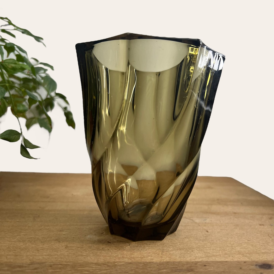 Vintage French Luminarc Vase Twirled Art Deco Style Thick Smoked Glass ...