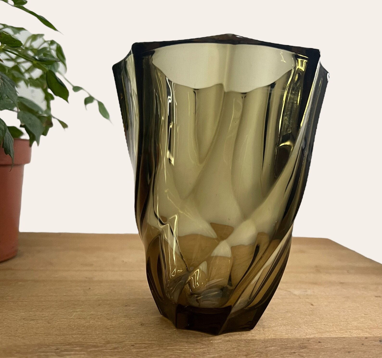 Vintage French Luminarc Vase Twirled Art Deco Style Thick Smoked Glass ...