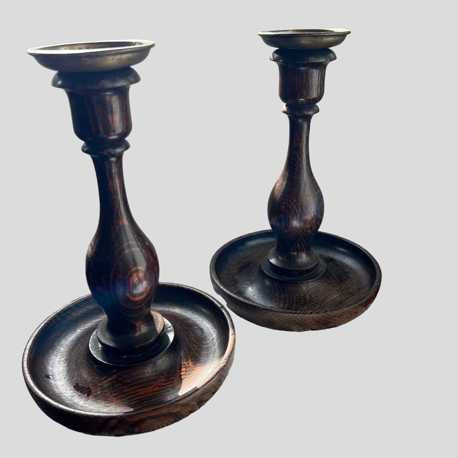2 Antique Wooden Baluster Candlesticks With Brass Sconce USED VGC ...