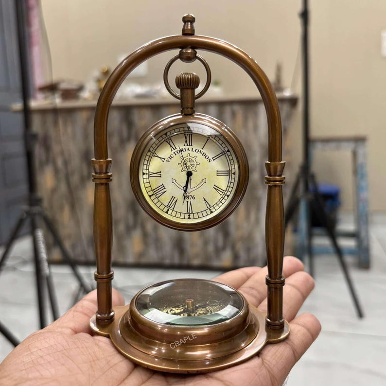 Personalized Antique Brass Desk Clock With Compass, Engraved Gift - Etsy
