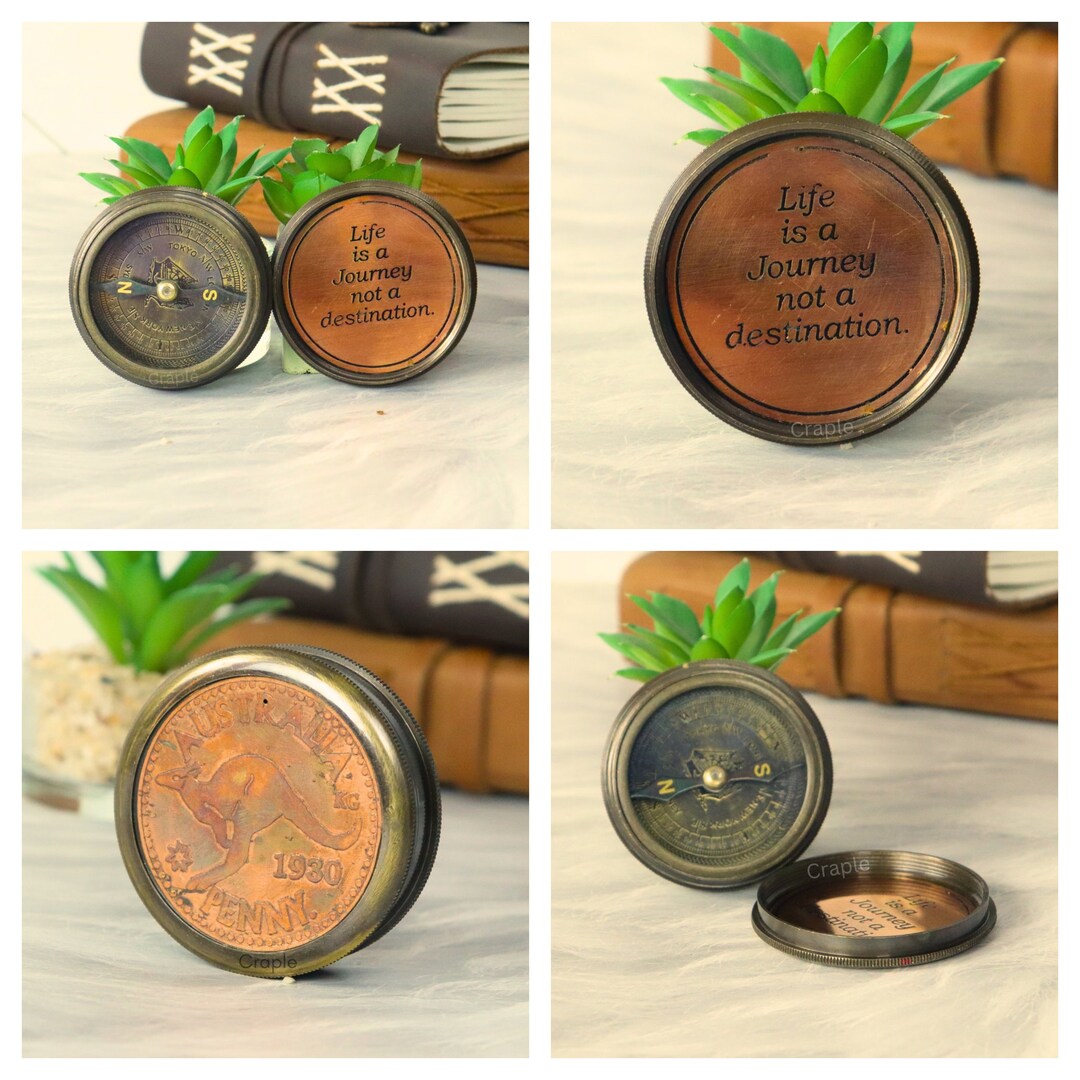 Vintage Brass Compass With 1930 Australia Penny Handcrafted Nautical ...