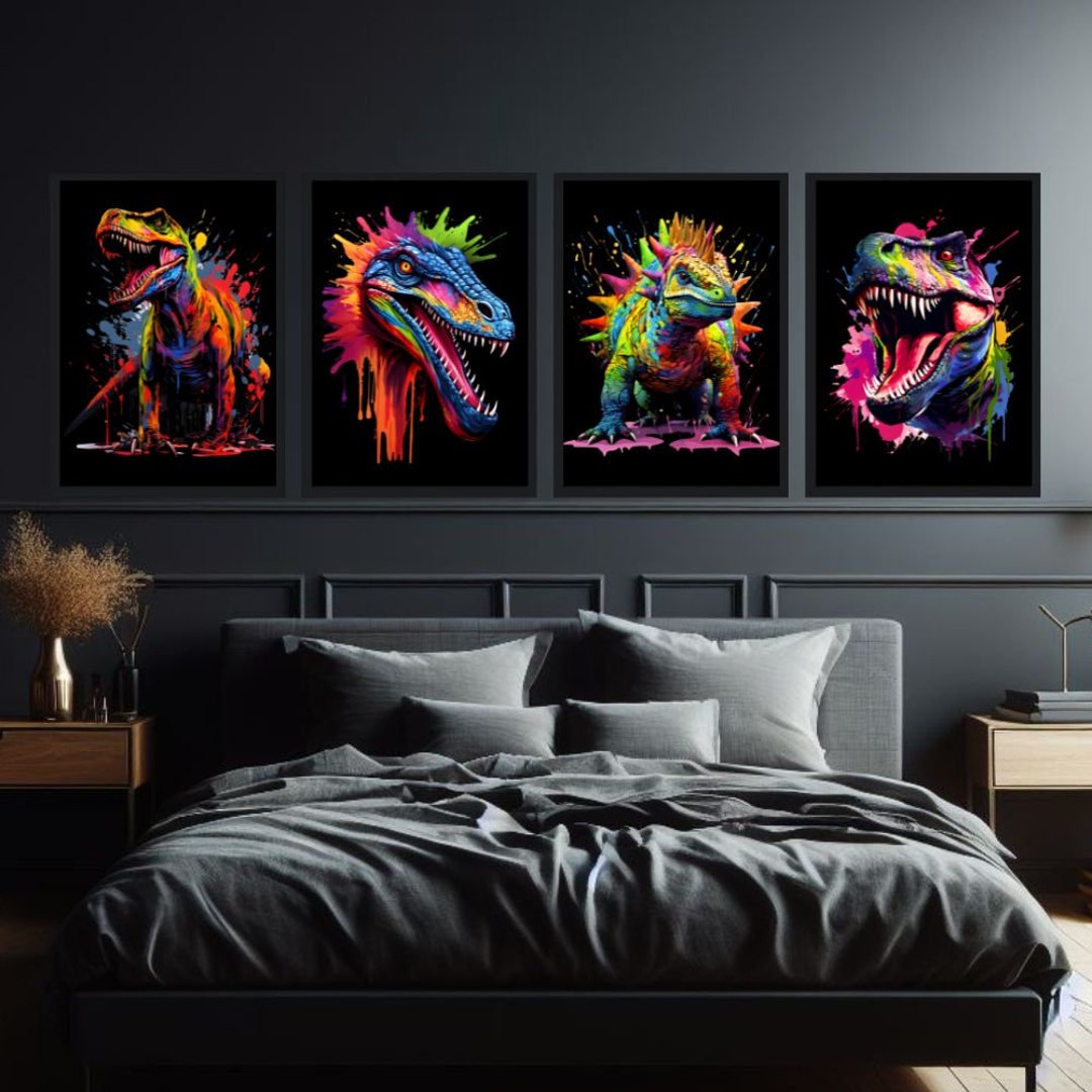 Bright Rainbow Dinosaur Set of 4 Prints, Paint Drip Splash Art ...