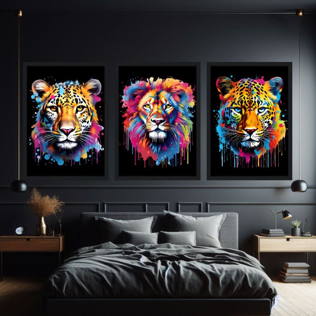 Set of 3 Big Cat Prints, Rainbow Paint Drips, Tiger, Lion & Jaguar ...