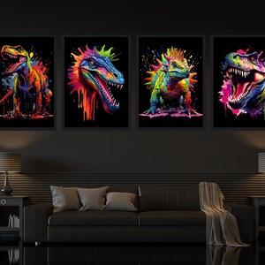 Bright Rainbow Dinosaur Set of 4 Prints, Paint Drip Splash Art ...