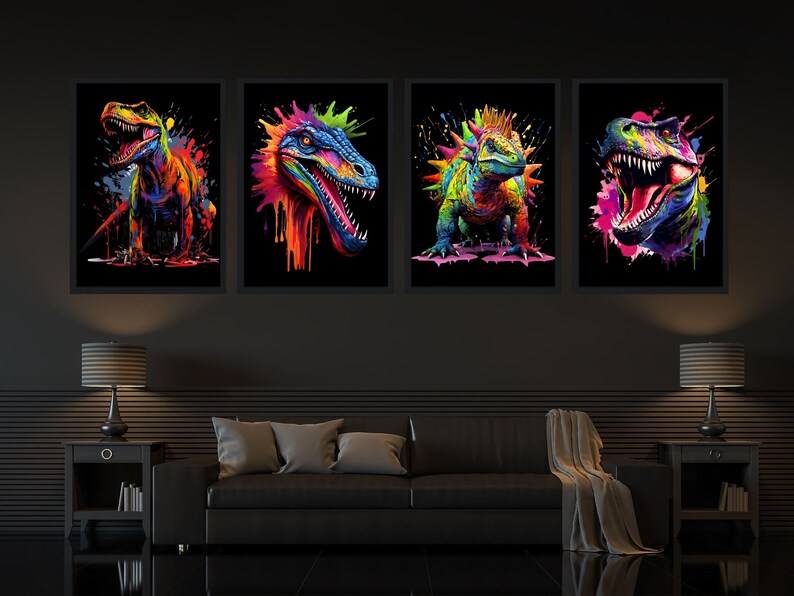 Bright Rainbow Dinosaur Set of 4 Prints, Paint Drip Splash Art ...