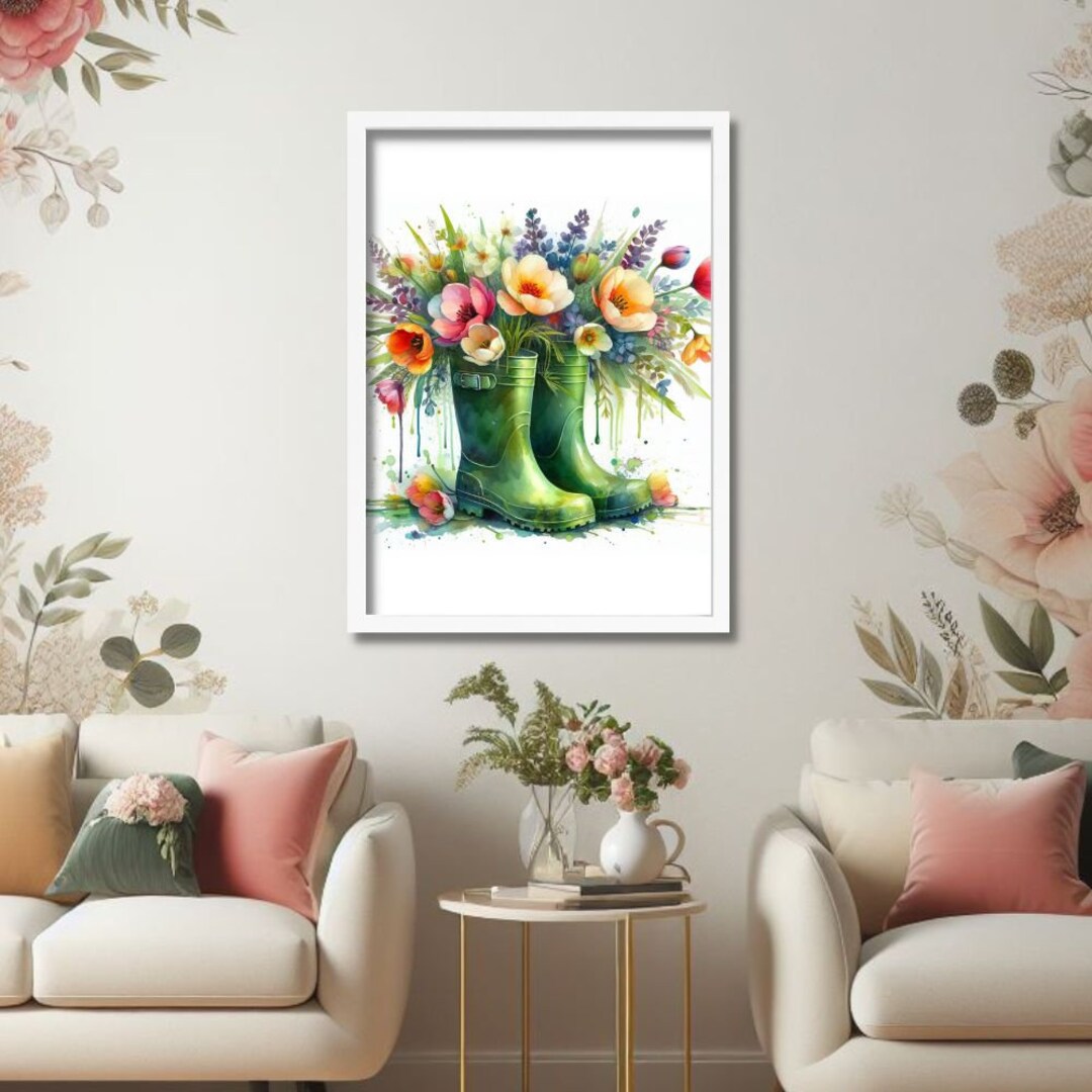 Watercolour Spring Flowers, Wellington Boots Wall Art, Floral Wellies ...