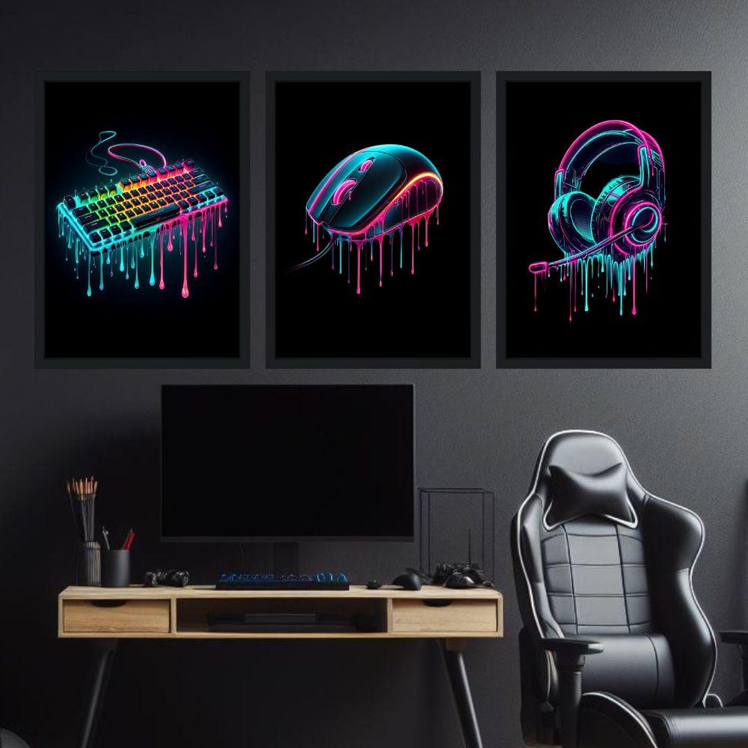 Multicoloured Neon Drip Gaming Prints Set of 3, PC Gaming Poster, Boys ...