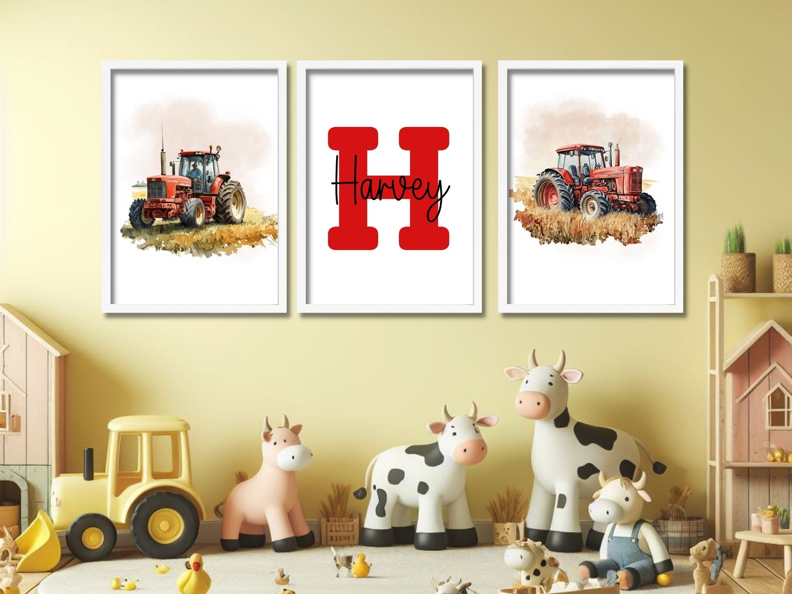 Custom Tractor Print Set Boys Personalised Tractor Wall Art Bright Red ...
