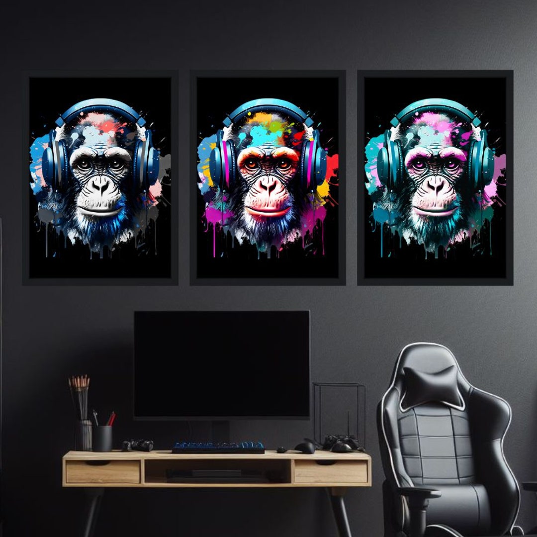 Multicoloured Monkey Gaming Prints Set of 3, PC Gaming Poster, Boys ...