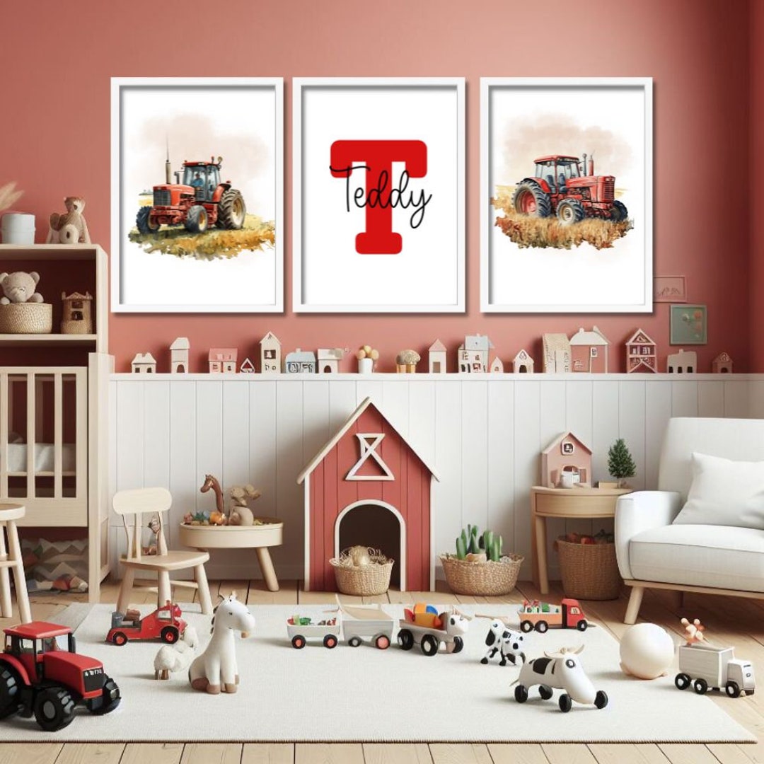 Custom Tractor Print Set Boys Personalised Tractor Wall Art Bright Red ...