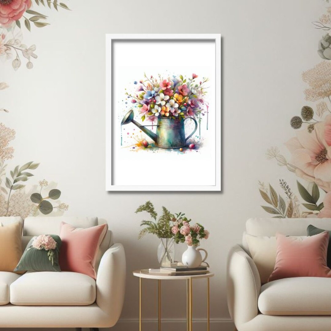 Watercolour Spring Flowers, Watering Can Wall Art, Floral Watering Can ...