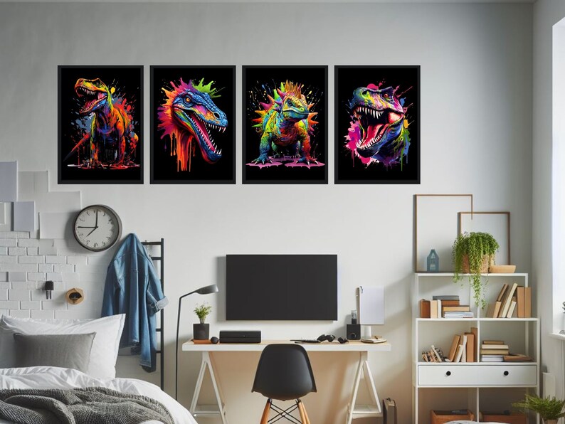 Bright Rainbow Dinosaur Set of 4 Prints, Paint Drip Splash Art ...