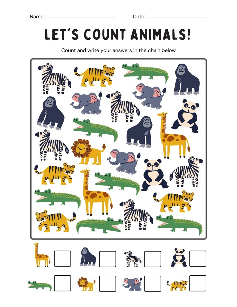 Preschool Worksheets, Identifying and Counting Animals (printable) - Etsy