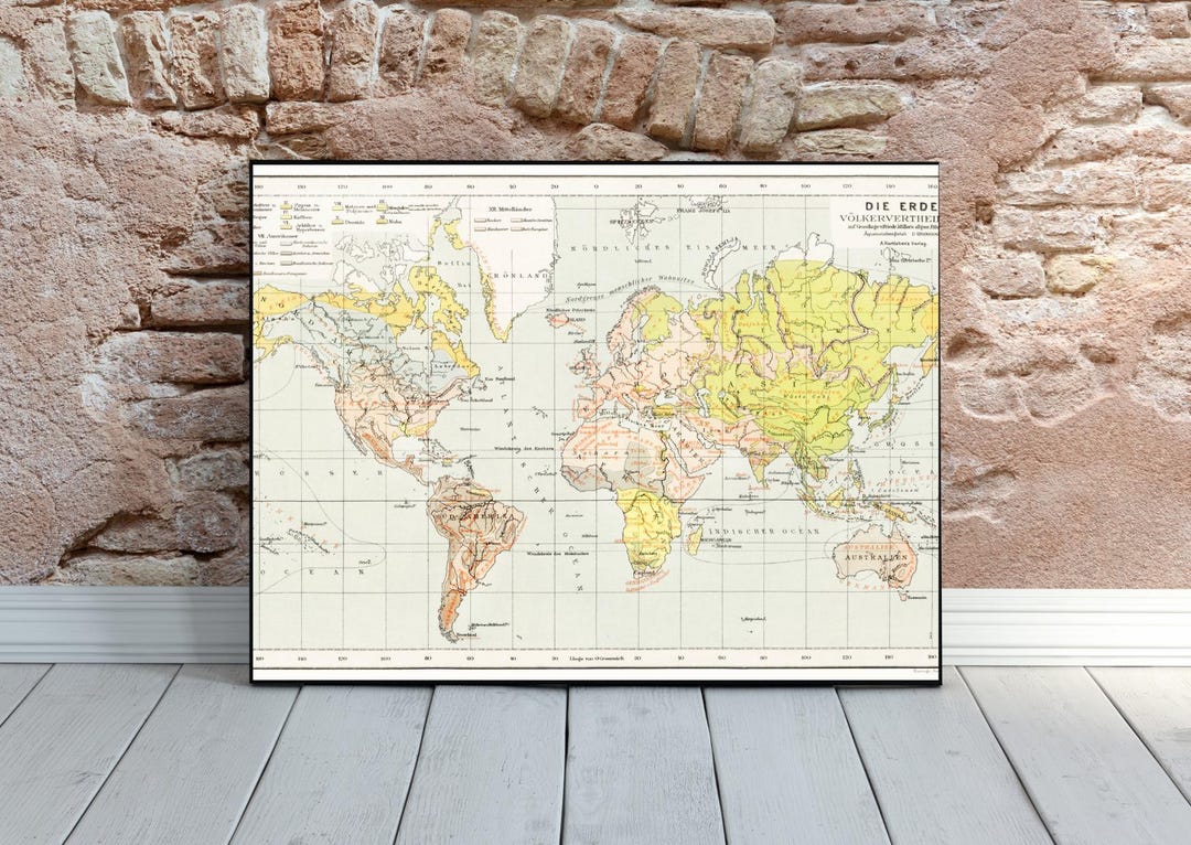 Antique World Map Digital Print – "die Erde: Völkerverteilung ...
