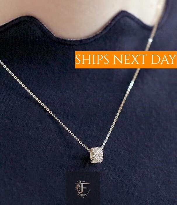 Diamond Rolling Barrel Pendant Necklace, Gold Sparkling Zirconia Charm ...