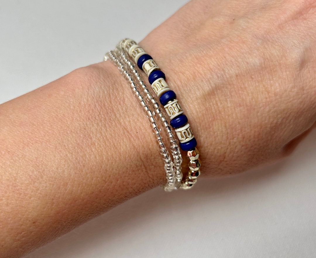 Set of 3 Elastic Bracelets, 2 Gold and Dark Blue Bracelets With a Gift ...