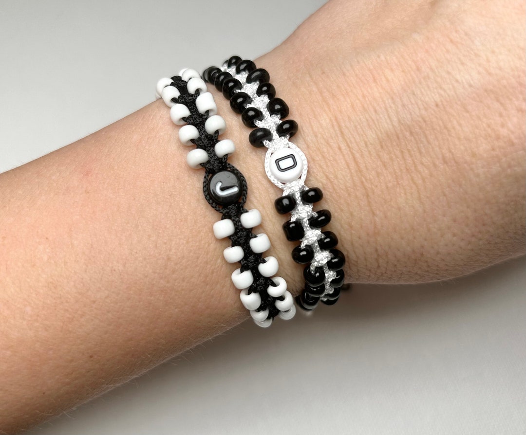 Set of 2 Black and White Personalized Initial Bracelets With a Wish ...