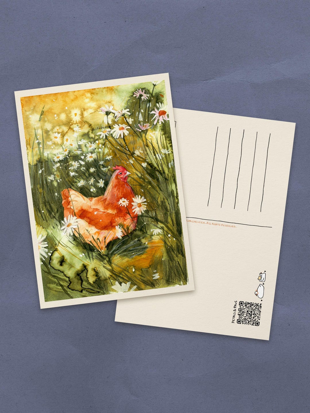 Hen in a Daisy Field Watercolor Postcard | Cottagecore Recycled Paper ...