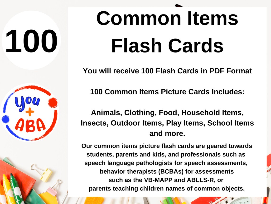 Flash Cards Printable 100 Common Objects | Flash Cards I Assessments ...