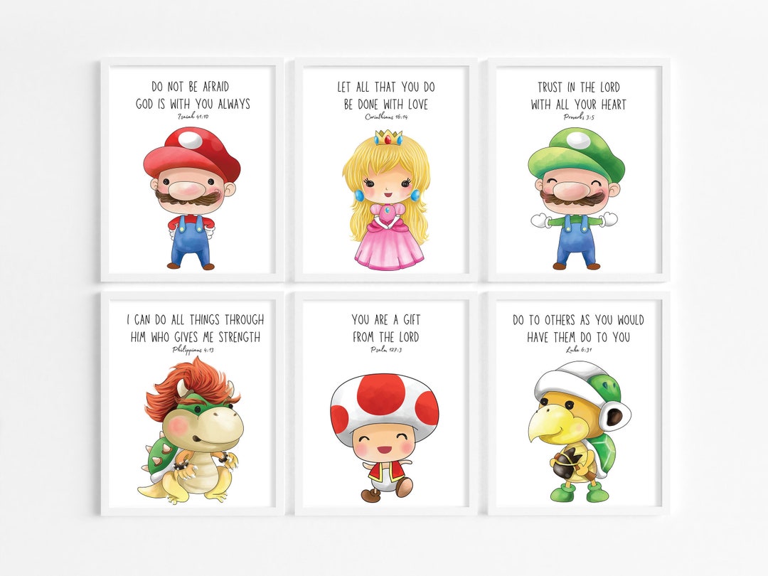 Cute Mario Wall Art With Bible Verses, Set of 6 Prints, Playroom ...