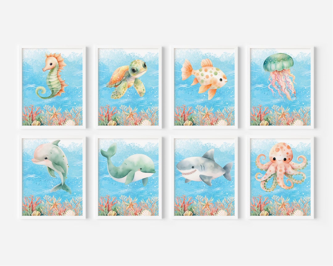 Super Cute Sea Creatures Wall Art, Set of 8 Nursery Prints, Ocean ...