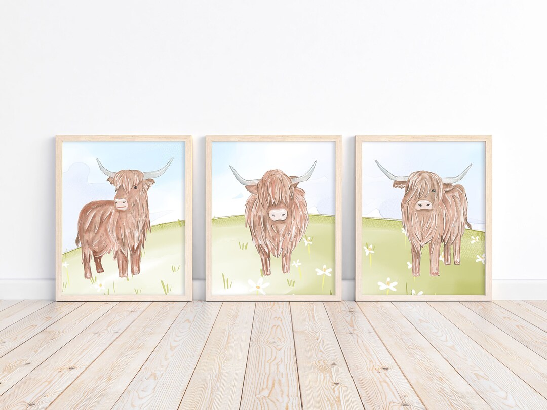 Cute Watercolor Highland Cow Posters Set of 3 Nursery Prints - Etsy