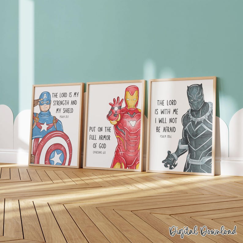Superhero Bible Verse Prints – Set of 6, Boys Room Scripture (digital ...