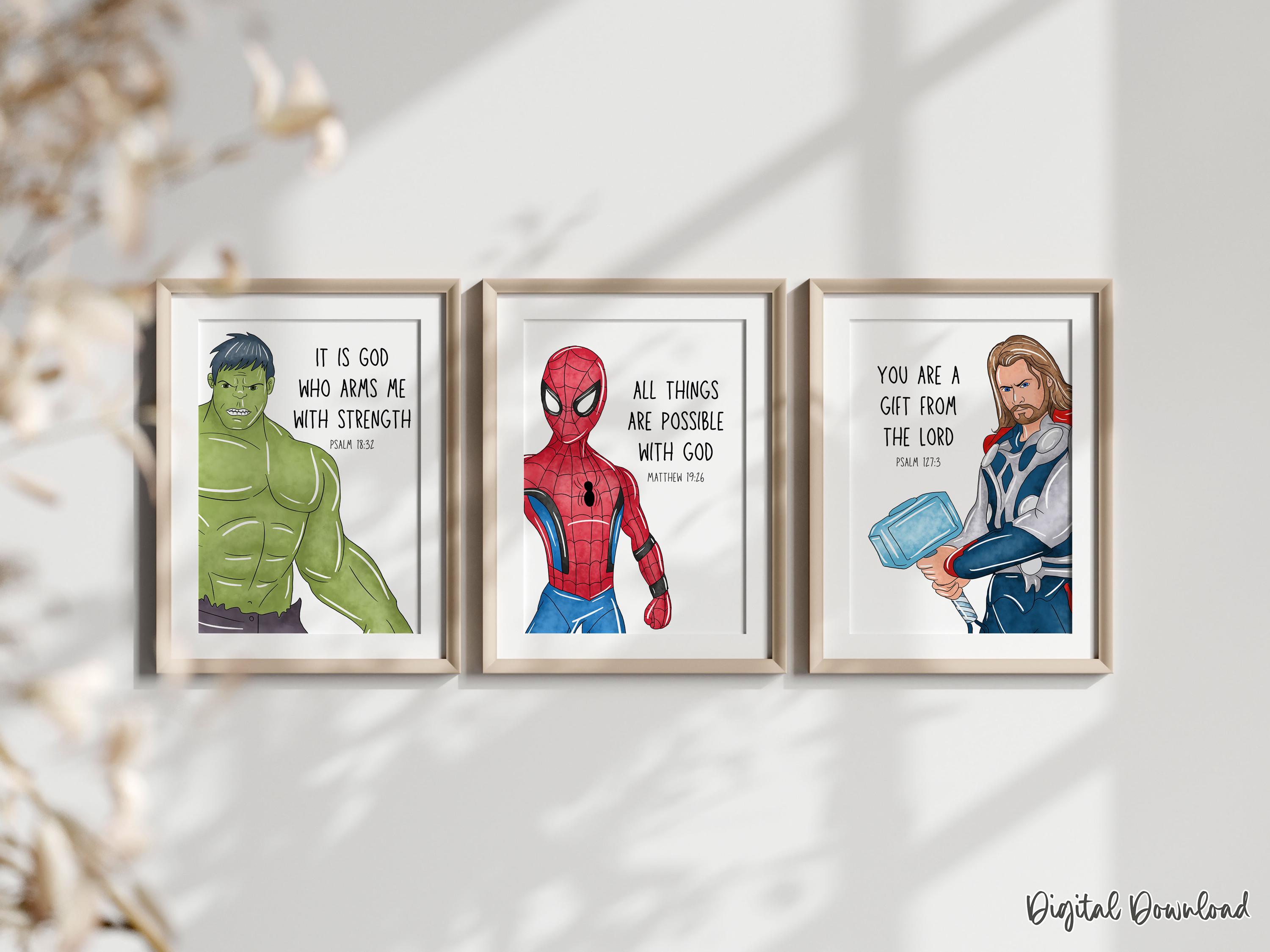 Superhero Bible Verse Prints – Set of 6, Boys Room Scripture (digital ...