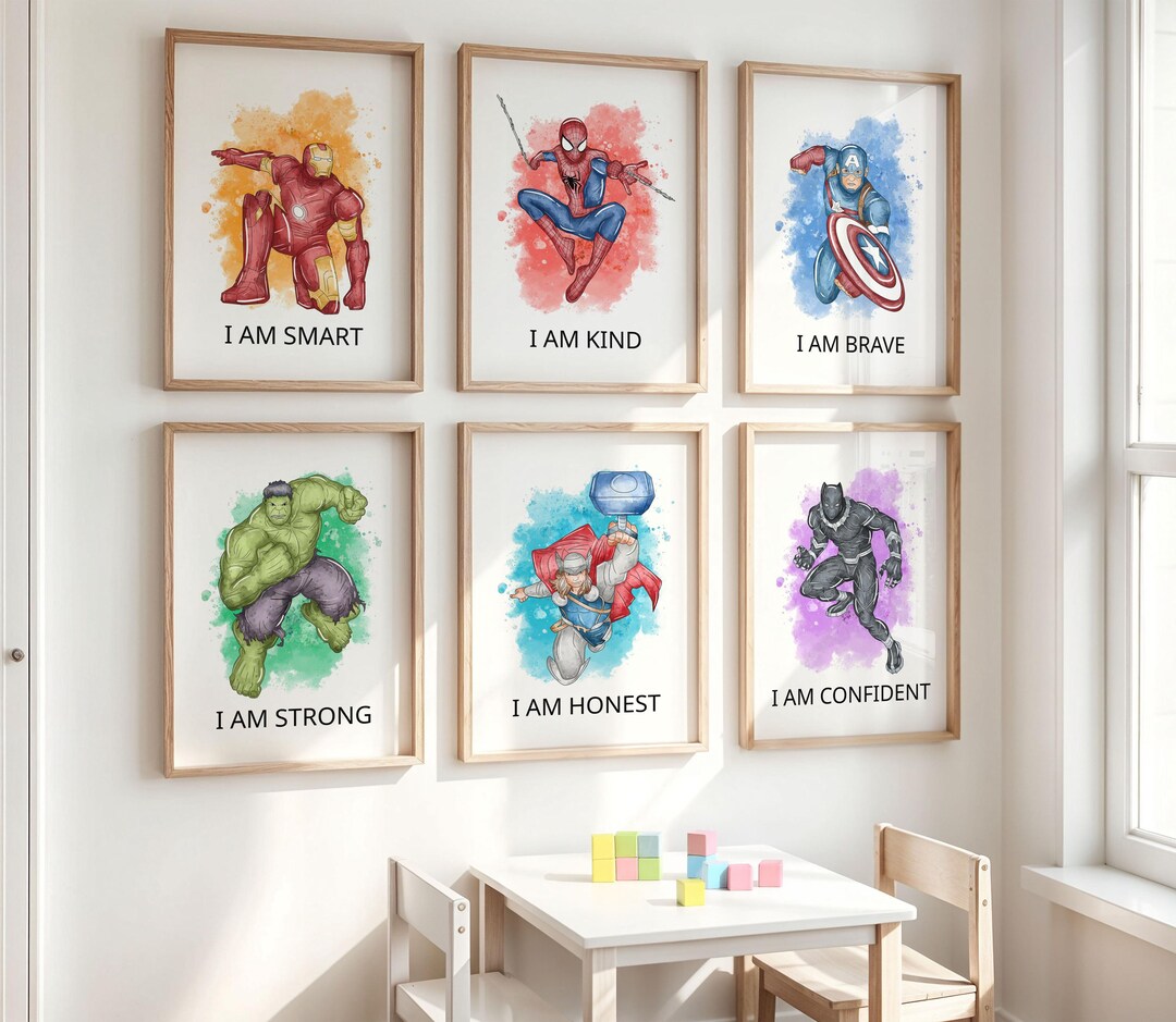 Superhero I Am Affirmation Wall Art, Set of 6 Prints, Printed or Framed ...