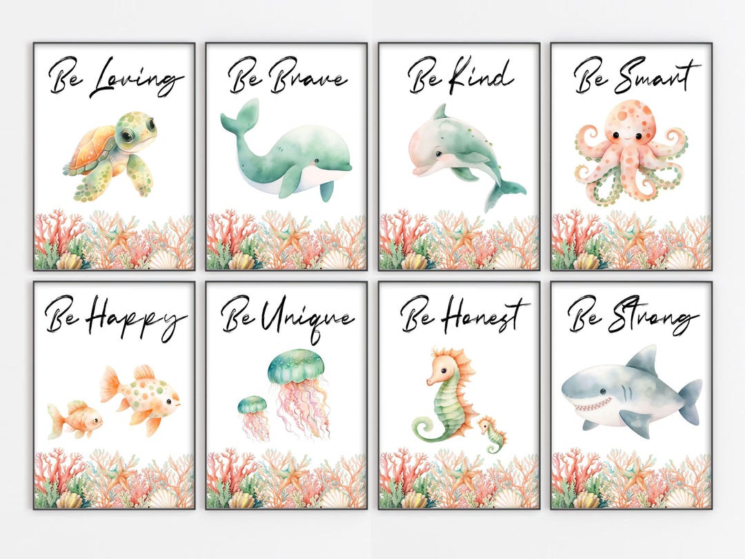 Ocean Animal Affirmation Prints – Set of 8 Kids Room Wall Art, Printed ...