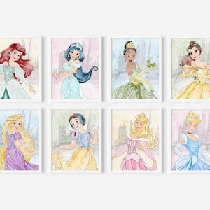 Princesses Wall Art, Set of 8 Prints, Watercolor Princess Art, Girl ...