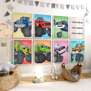 Colorful Monster Truck Wall Art – Set of 7 Digital Prints for Kids Room ...