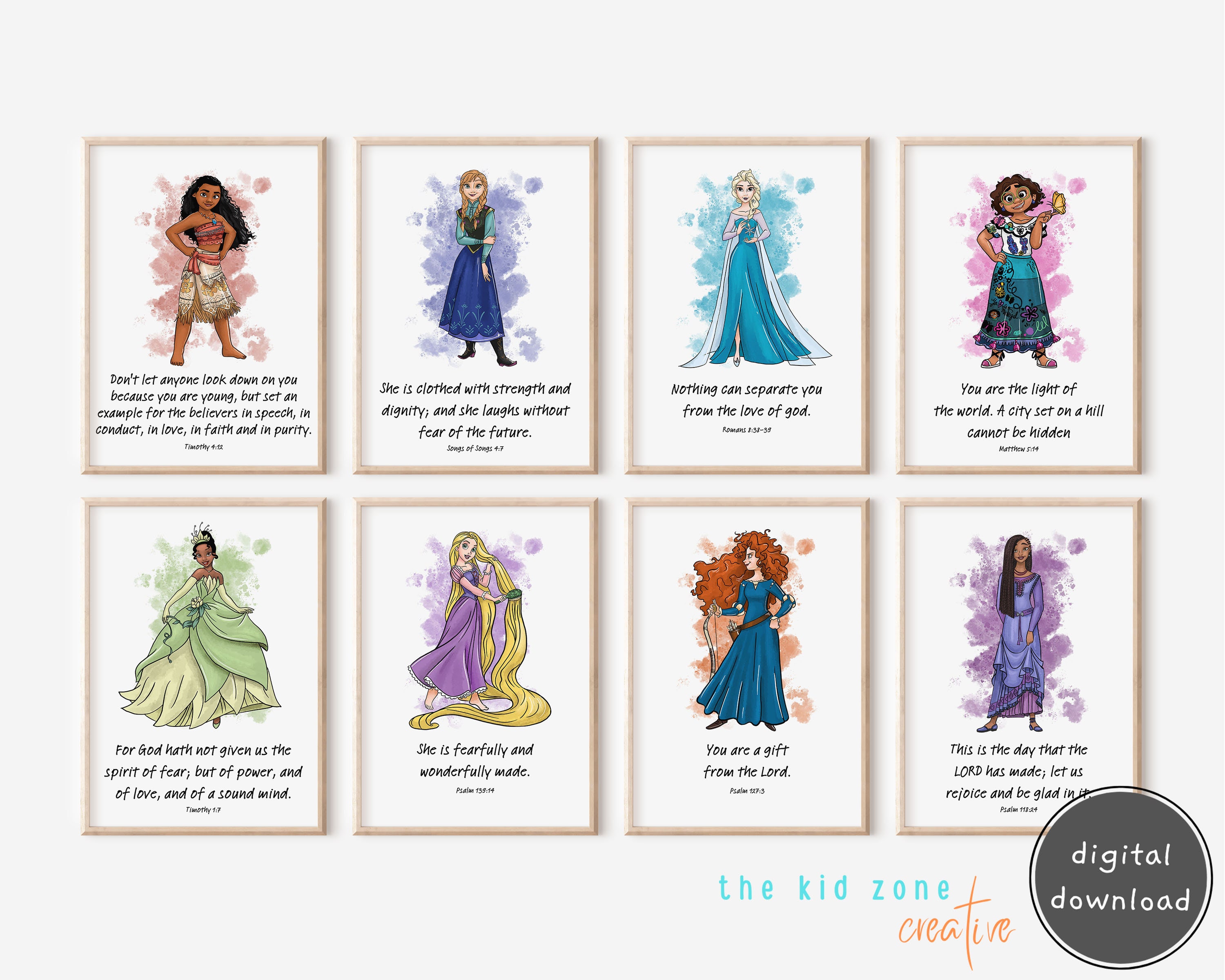 Princess Bible Verse Wall Art: Set of 8 Scripture Prints (digital ...