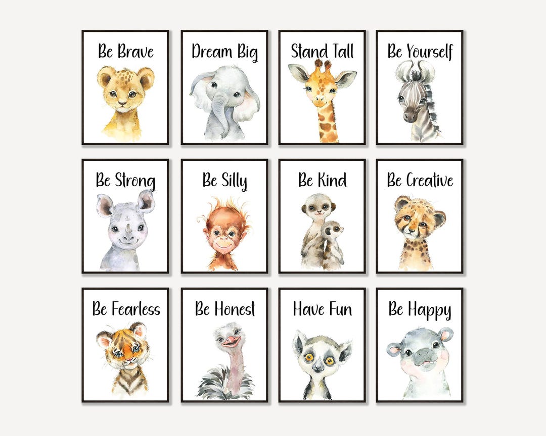 Safari Animal Affirmation Wall Art – Set of 12 Nursery Prints, Printed ...