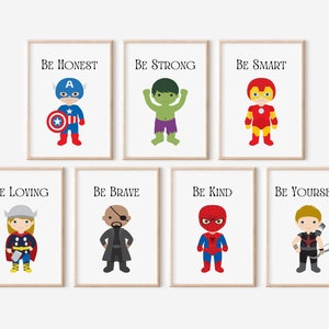 Set of 7 Superhero Prints, Affirmations for Kids, Kids Room Superheroes ...