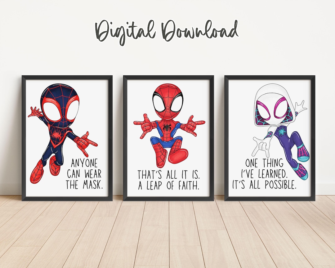 Digital Spidey & Friends Wall Art With Positive Quotes, Set of 3 Prints ...