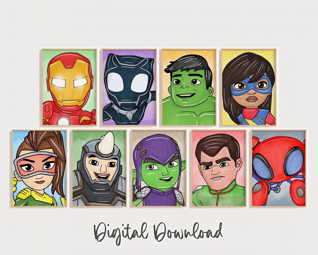 Colorful Web Hero Giant Heads – Set of 9 Digital Prints, Kids Room Wall ...