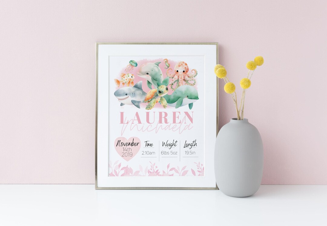 Digital Sea Animals Personalised Birth Poster – Nautical Nursery Decor ...