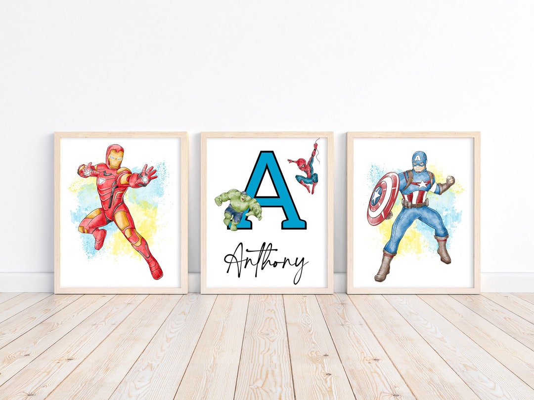 Superhero Personalised Name Wall Art, Set of 3 Prints, Superhero Theme ...